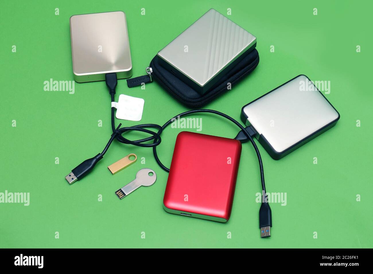 Digital memory external hard drives and small flesh drives Stock Photo ...