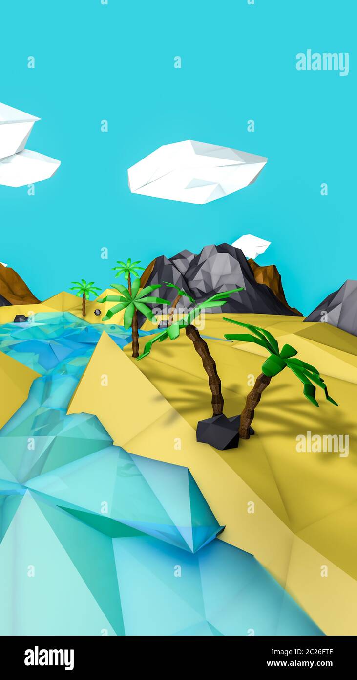 low poly desert landscape with palm trees. 3d render Stock Photo - Alamy