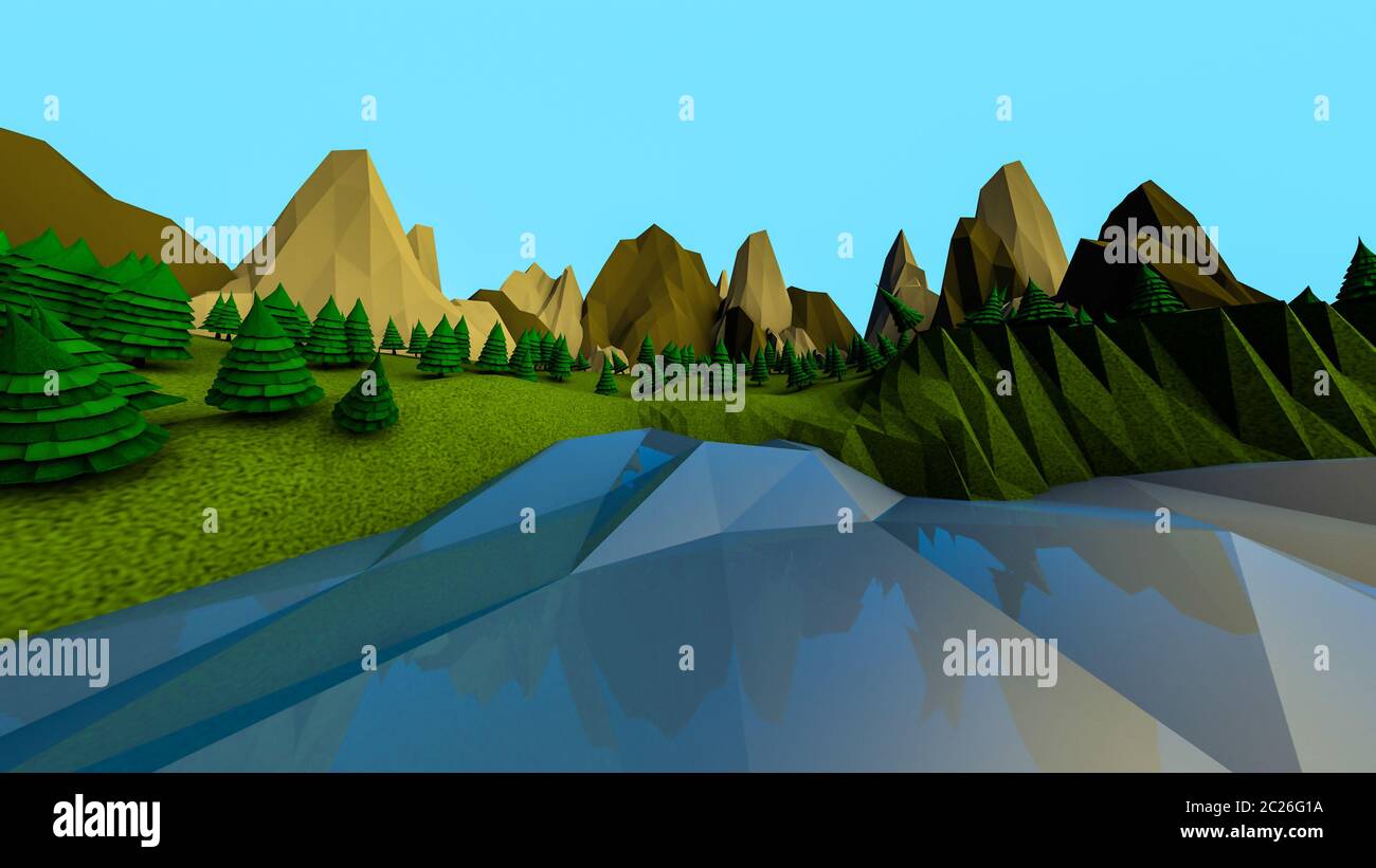 Low poly landscape with trees. 3d render illustration Stock Photo - Alamy