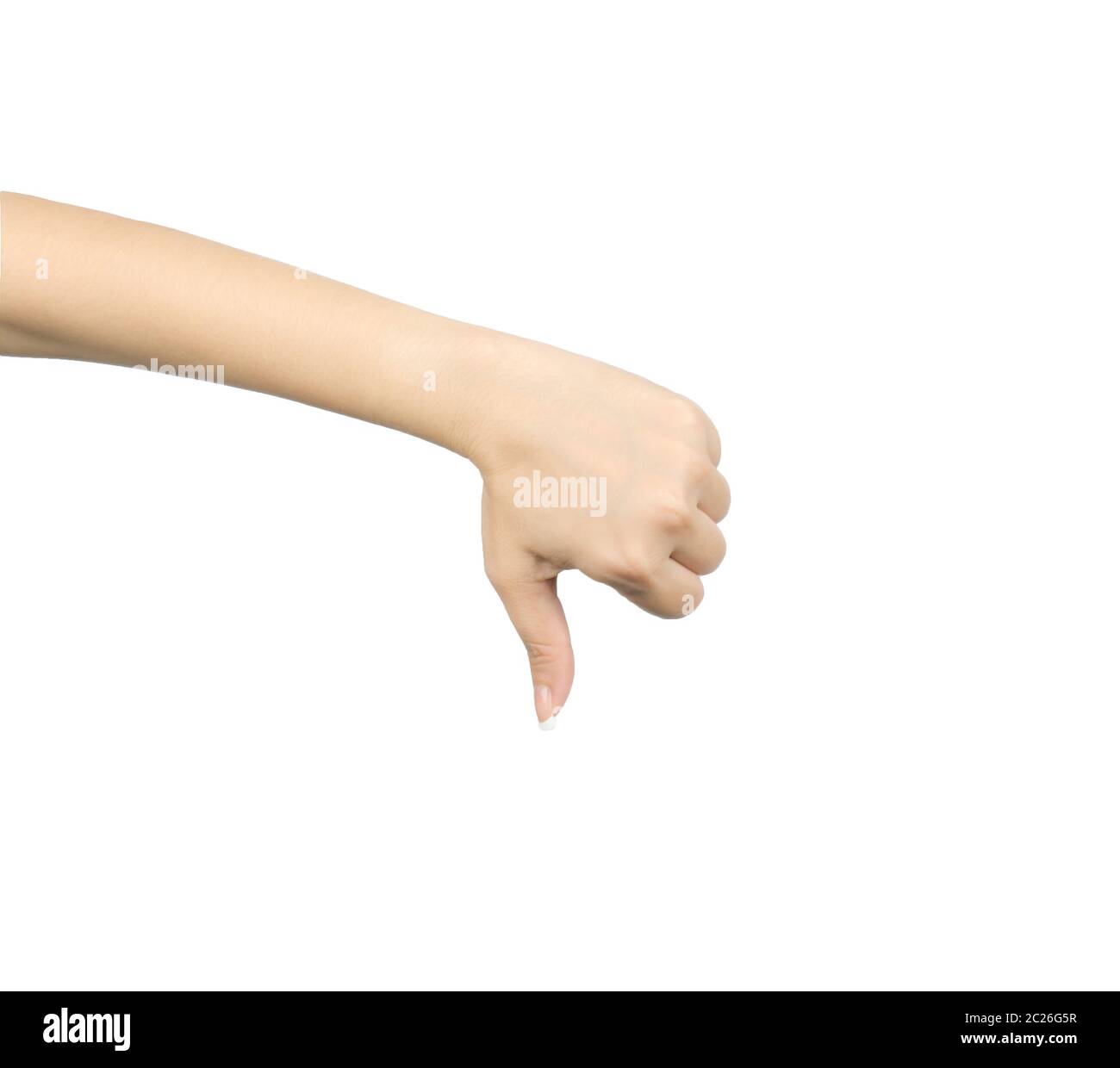 Asian woman hand with thumb down hand sign isolated on white background ...