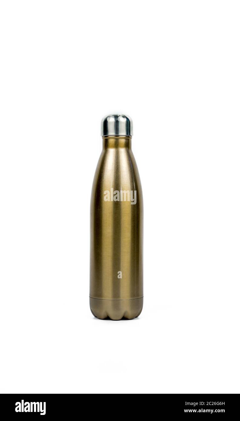 Gold thermos bottle with sport design isolated on white background with ...