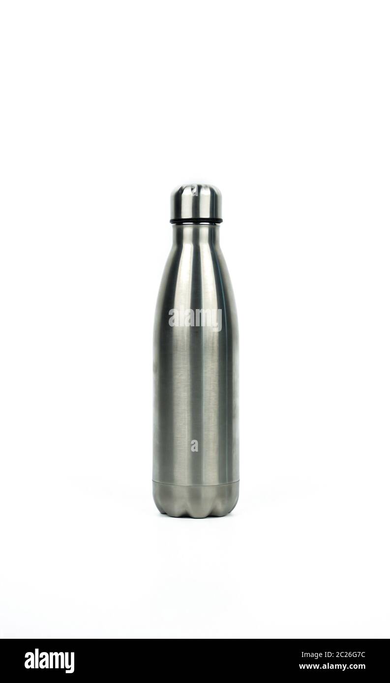 Silver thermos bottle with sport design isolated on white background ...