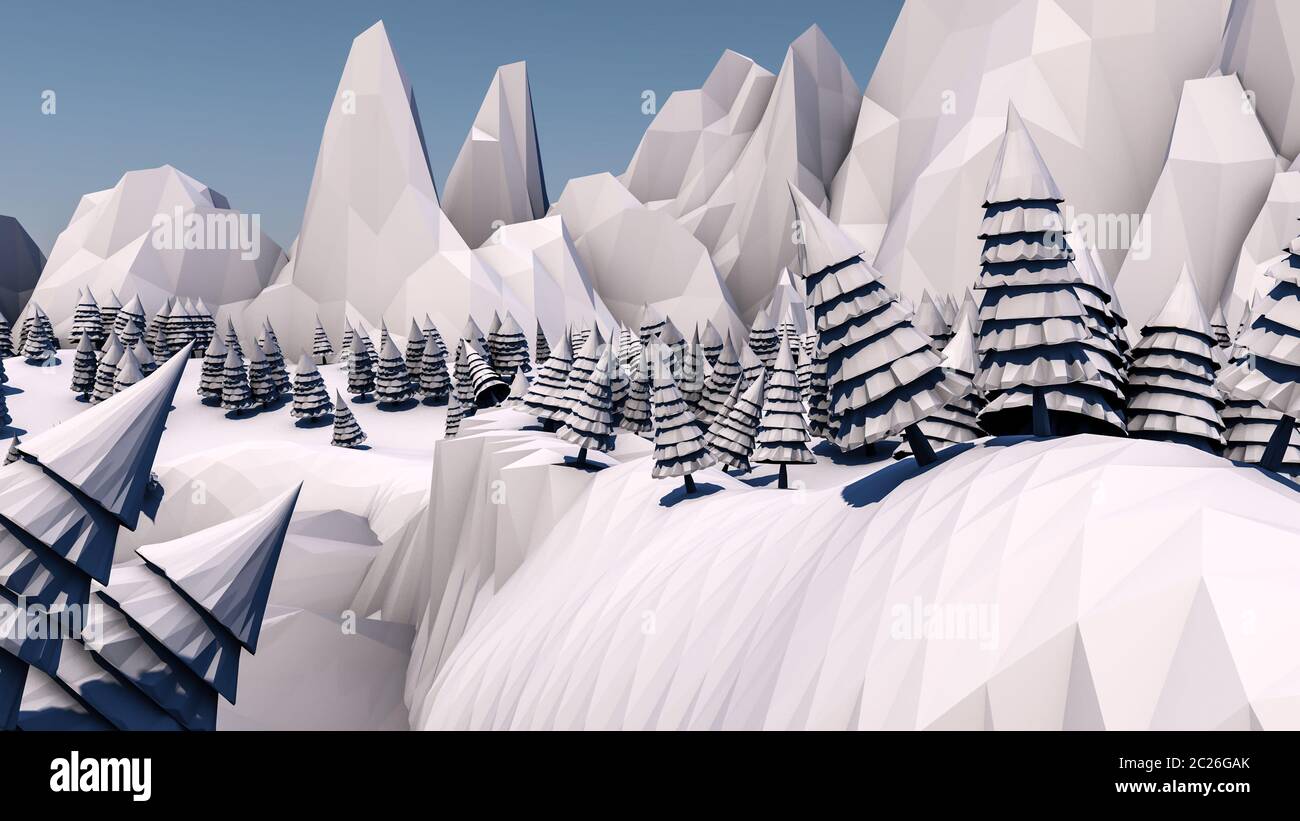 Low poly forest landscape. Illustration. Spruce forest and mountains ...
