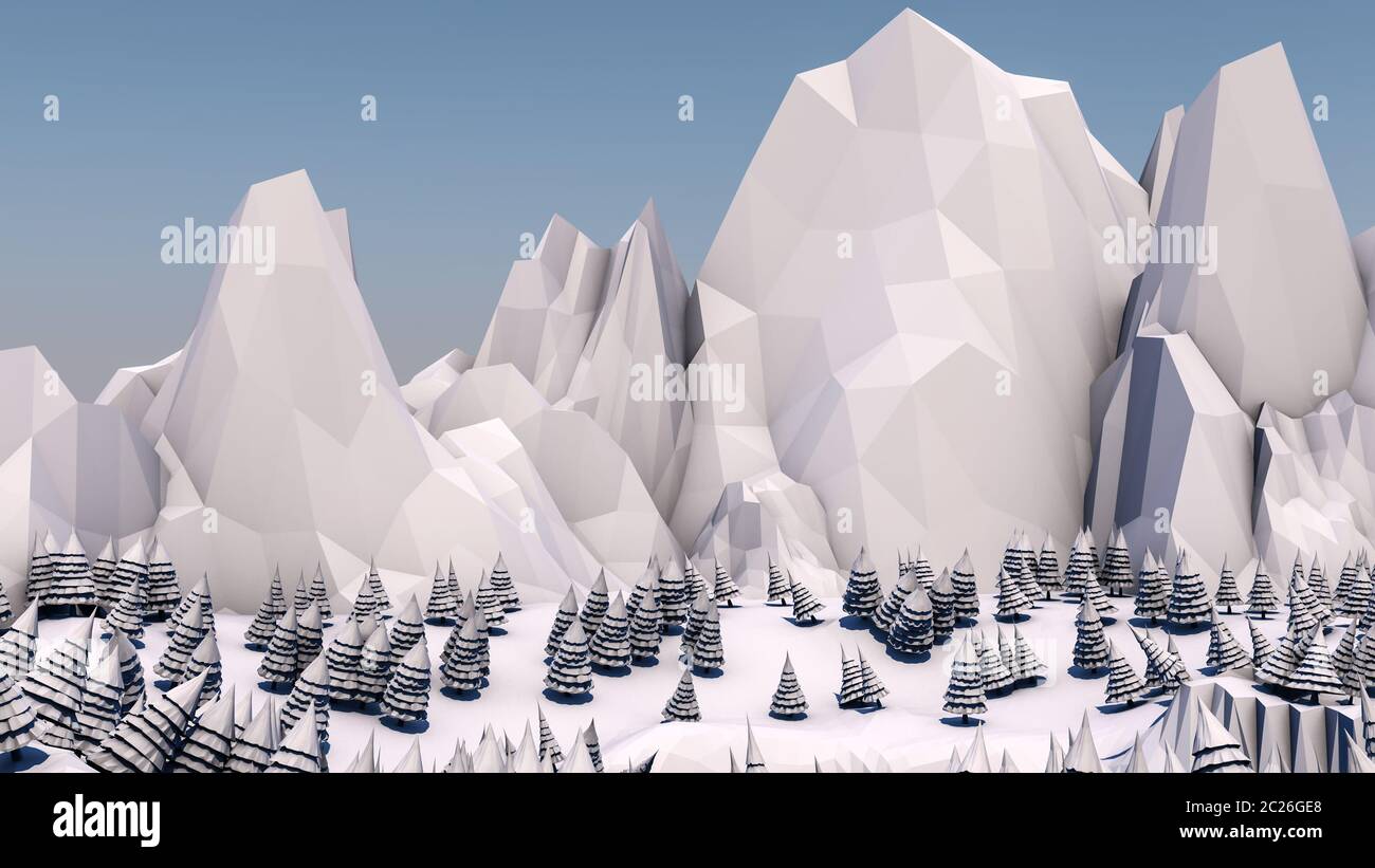 Low poly forest landscape. Illustration. Spruce forest and mountains ...