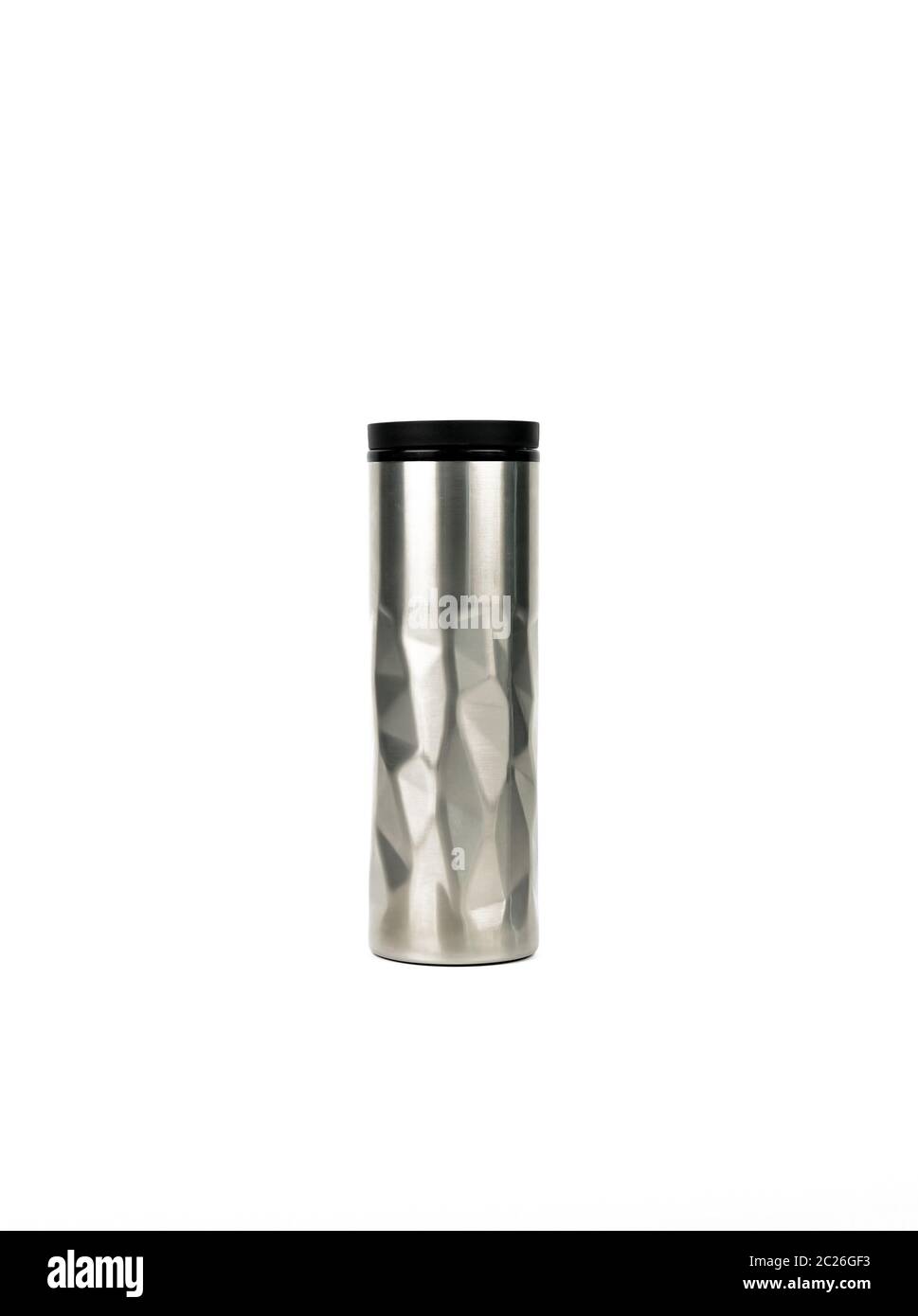 Silver thermos bottle with modern design isolated on white background ...