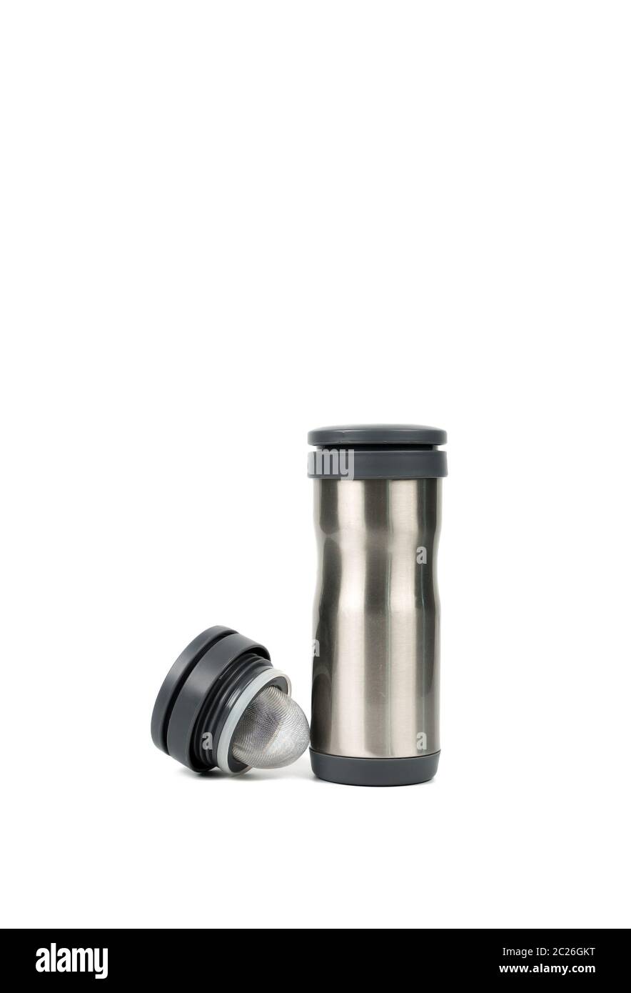 Silver thermos bottle with opened cap on white background with copy ...
