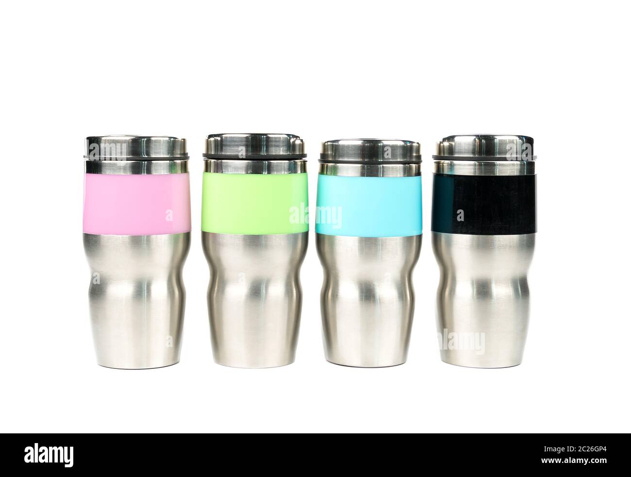 Pink, green, blue and black thermos bottles on white background with ...