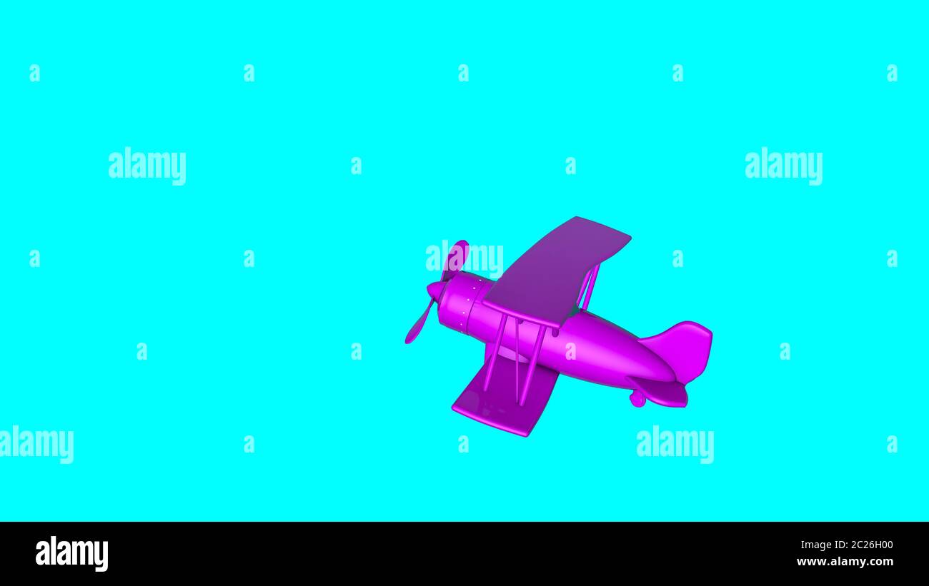 purple airplane on a turquoise background. biplane model. 3D rendering ...