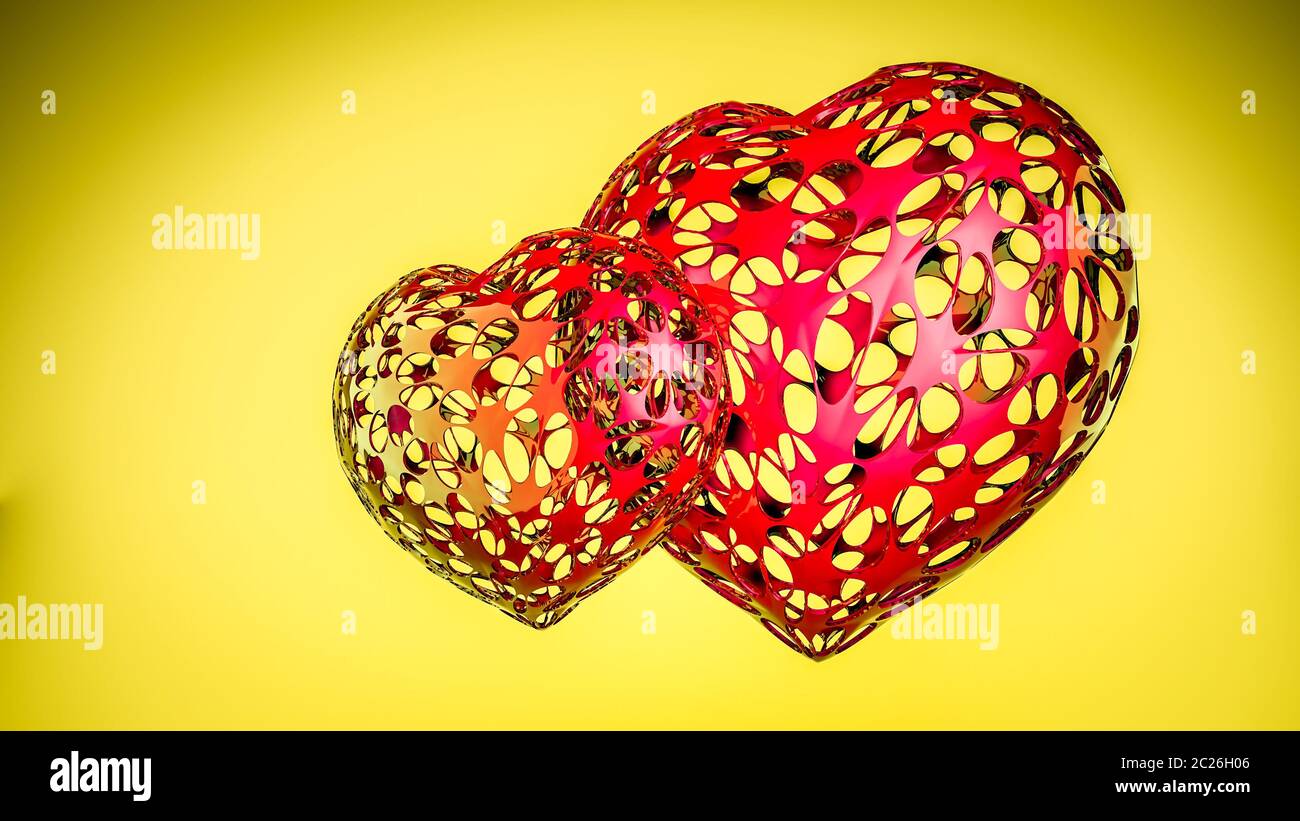 three-dimensional model of hearts on a yellow background. 3D rendering ...