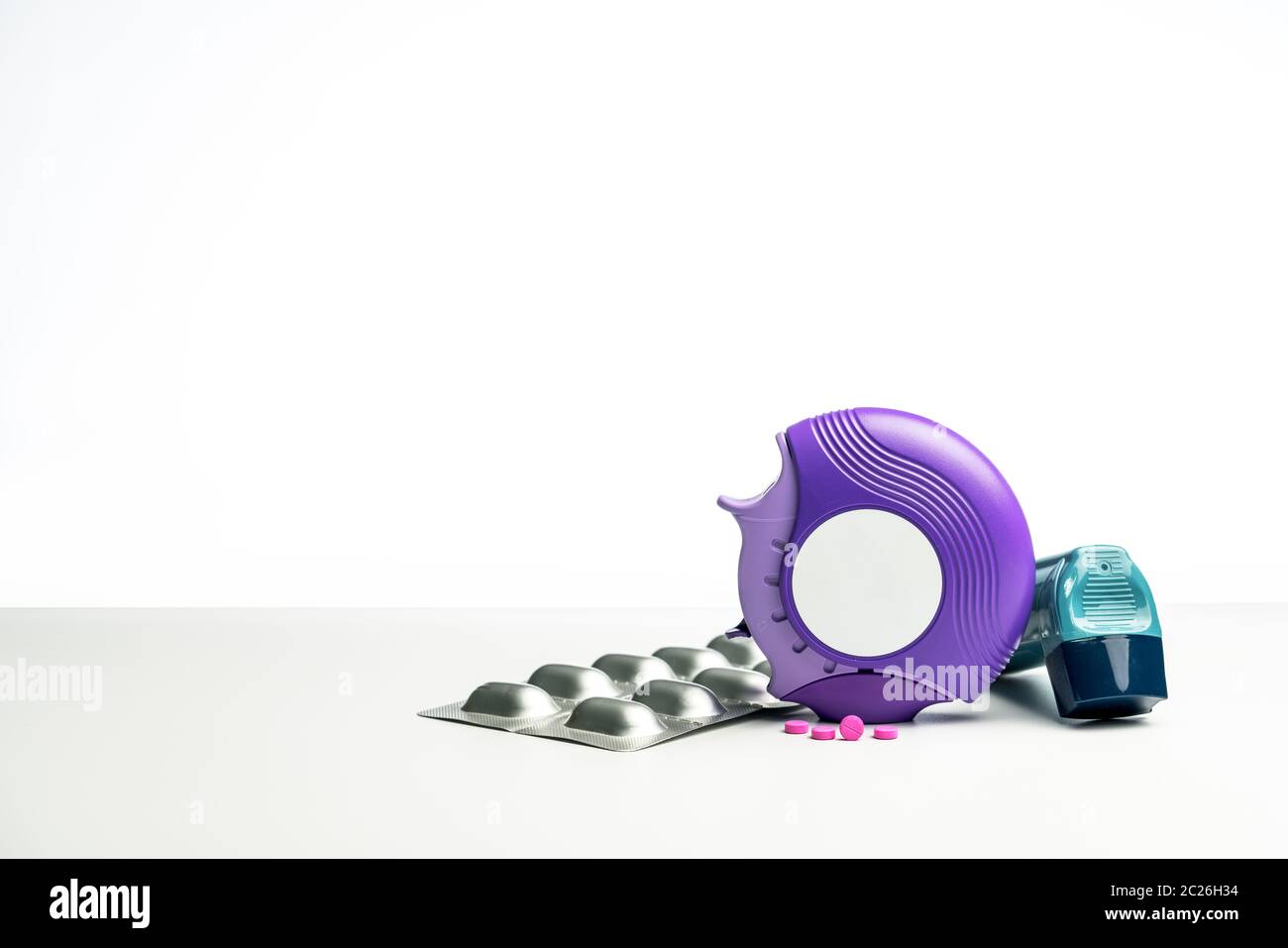 Set of asthma inhaler, accuhaler and anti-allergy pills for treatment ...