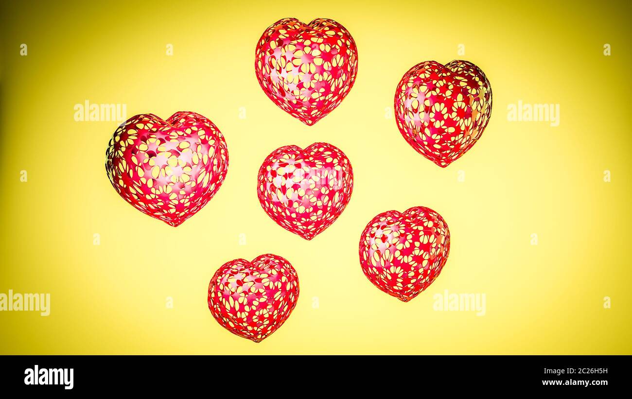 three-dimensional model of hearts on a yellow background. 3D rendering ...