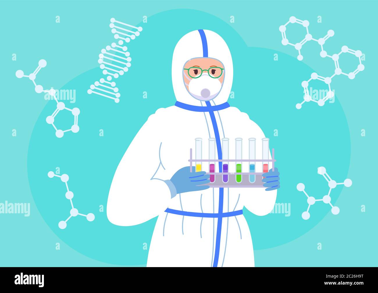 Female scientist doctor with flasks, in protective suit and mask ...