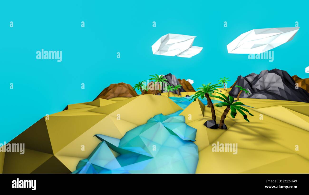 low poly desert landscape with palm trees. 3d render Stock Photo - Alamy