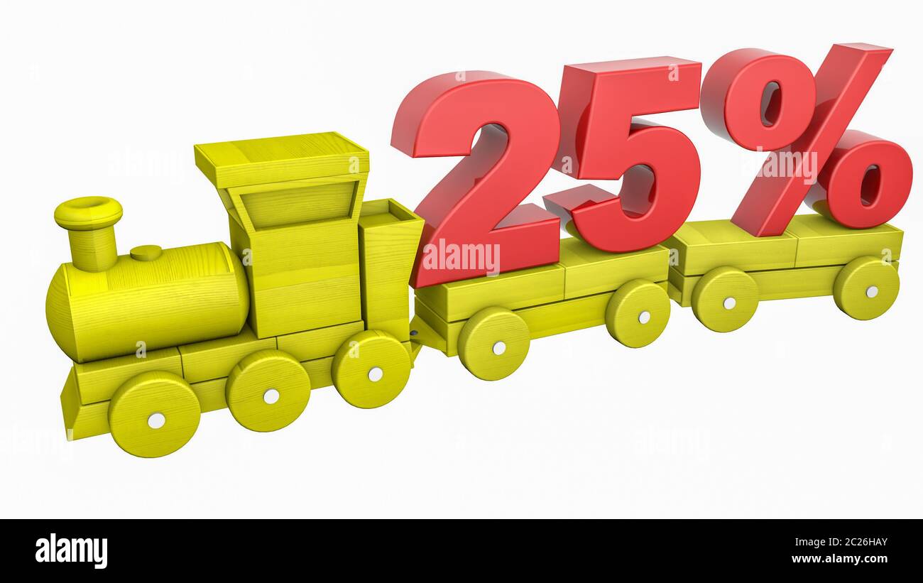 three-dimensional numbers 25% on a wooden toy train. concept of ...