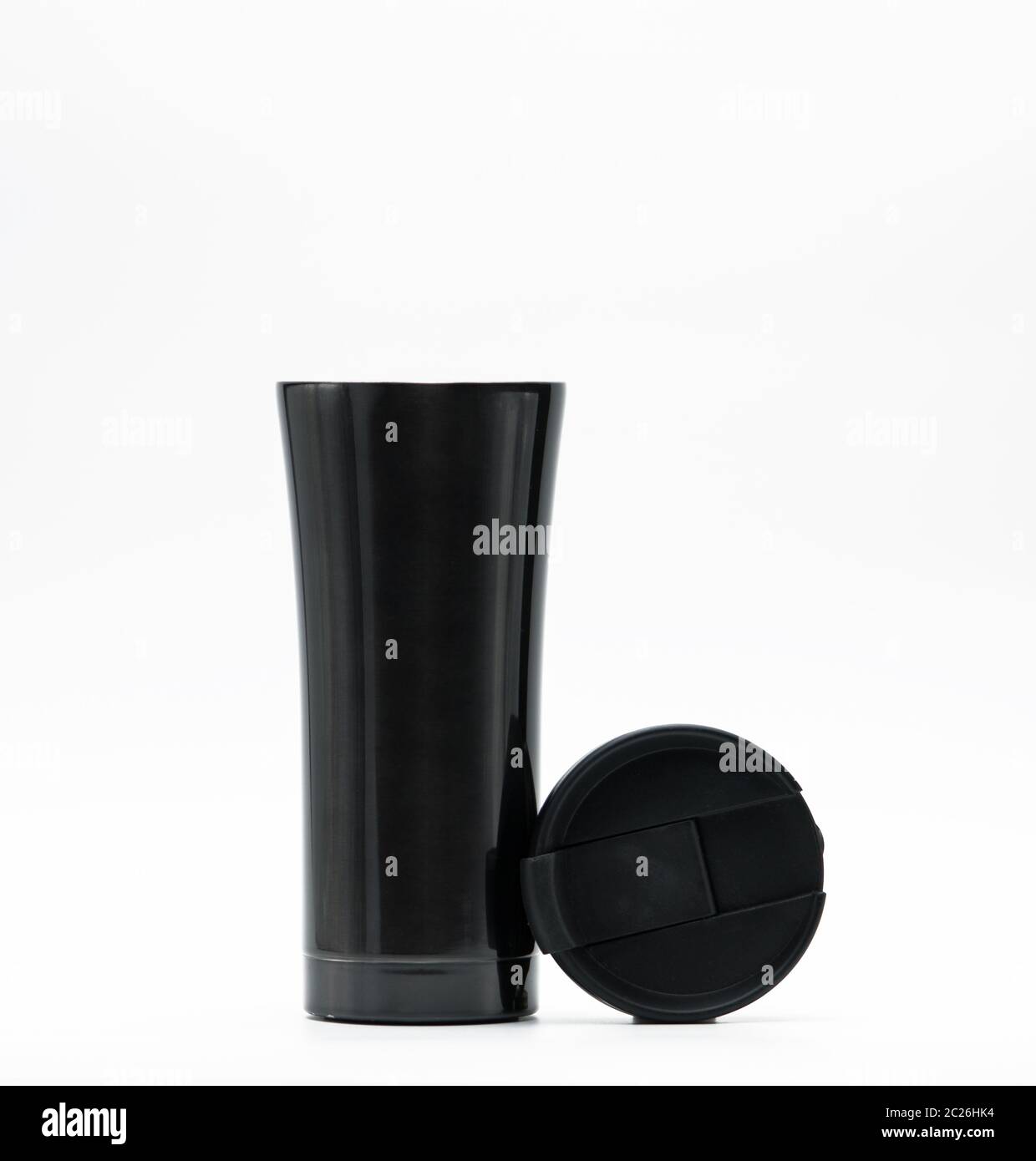 Modern thermos bottle with opened lid isolated on white background ...