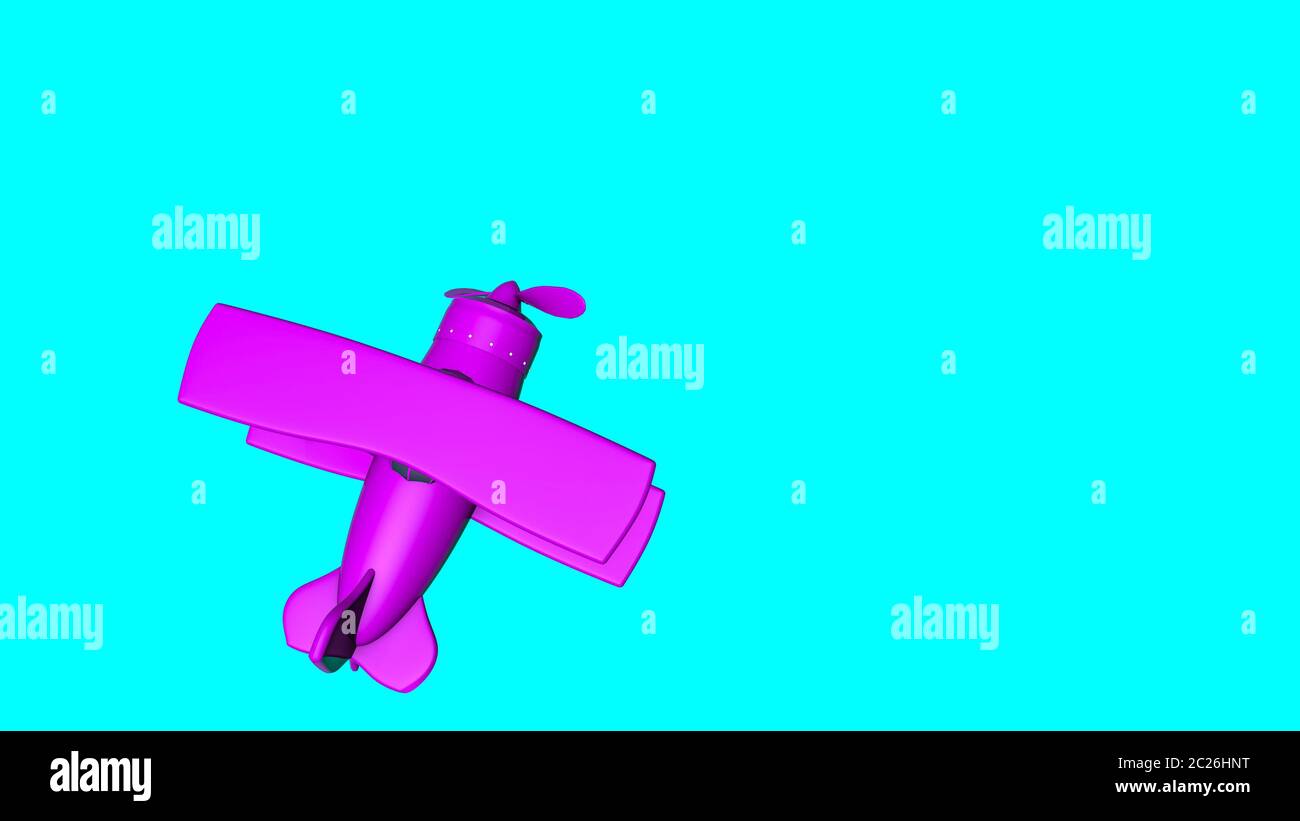 purple airplane on a turquoise background. biplane model. 3D rendering ...