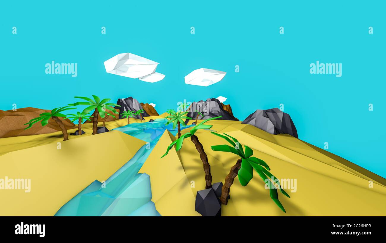 low poly desert landscape with palm trees. 3d render Stock Photo - Alamy