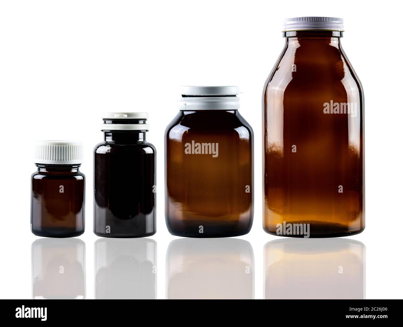 Amber glass drug bottle container with closed cap isolated on white ...