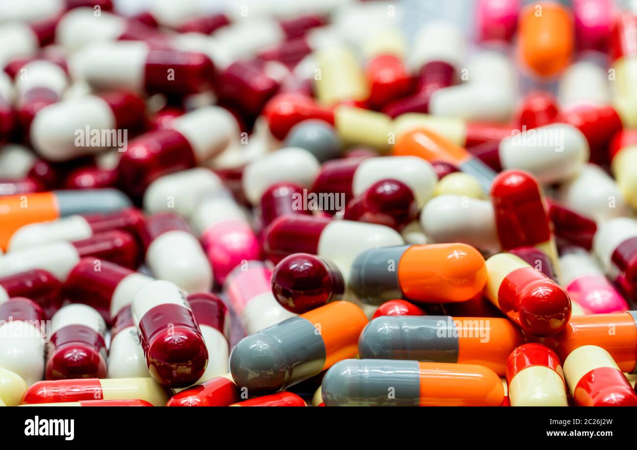 Pile of antibiotic capsule pills. Antibiotic drug resistance. Capsule ...