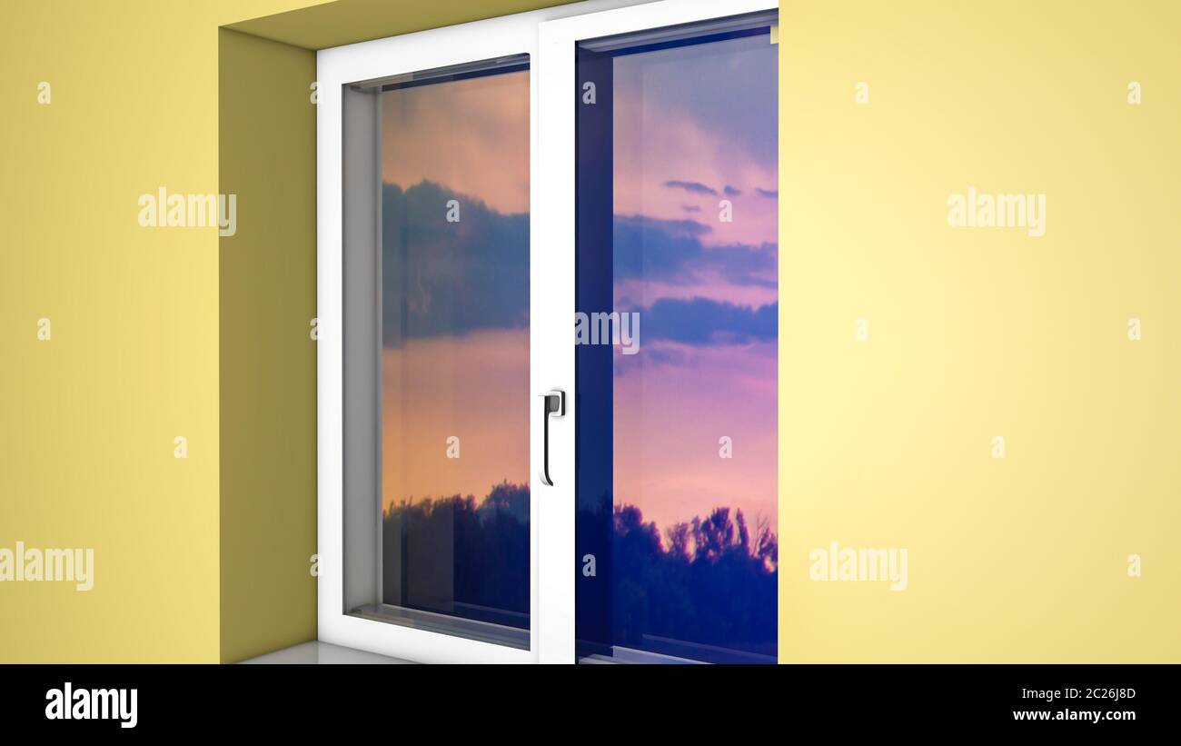 window overlooking the sunset forest. 3D rendering Stock Photo - Alamy