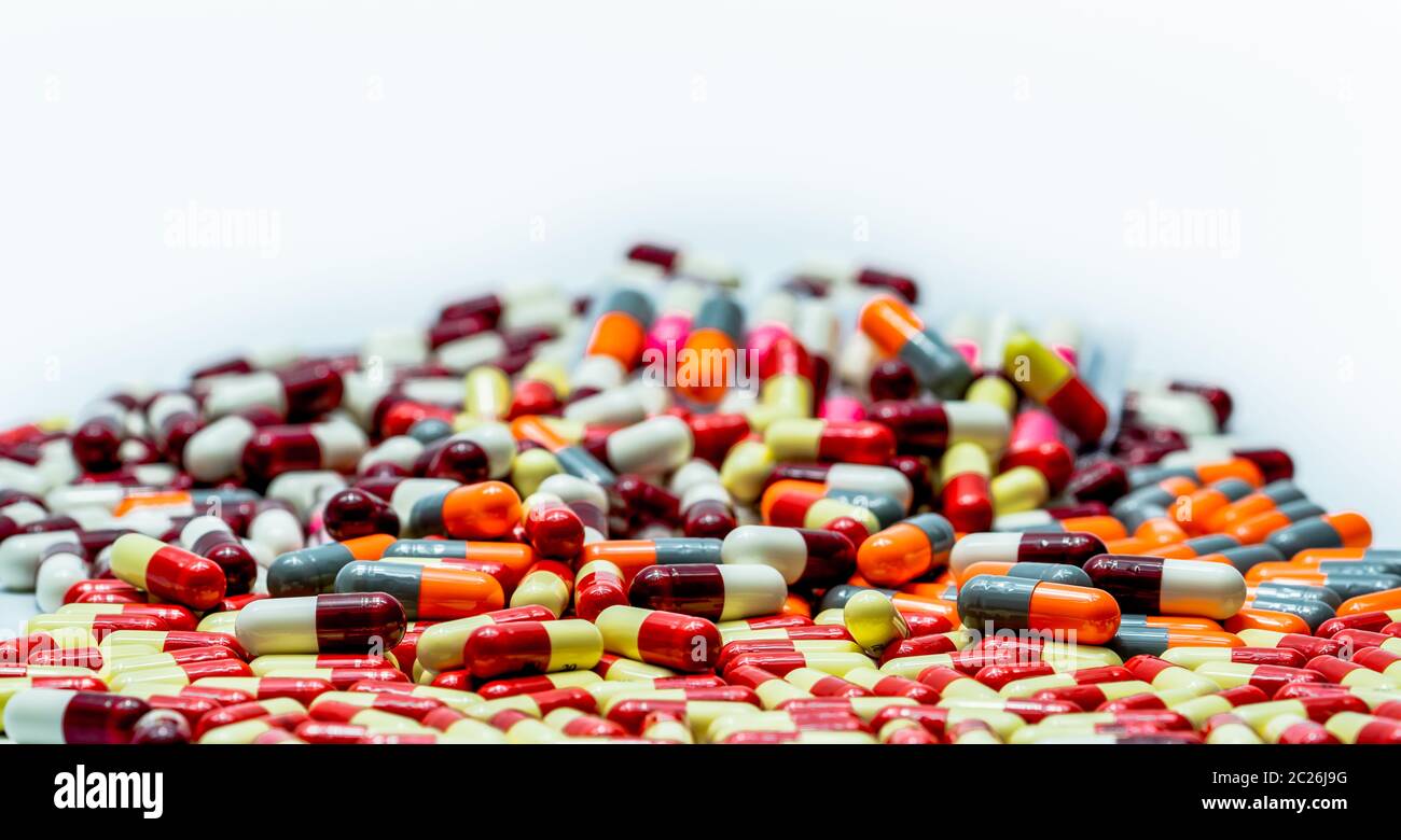 Selective focus on antibiotic capsule pills on blurred background of ...