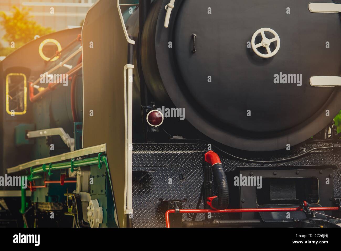 Close up antique vintage train locomotive. Old steam engine locomotive ...