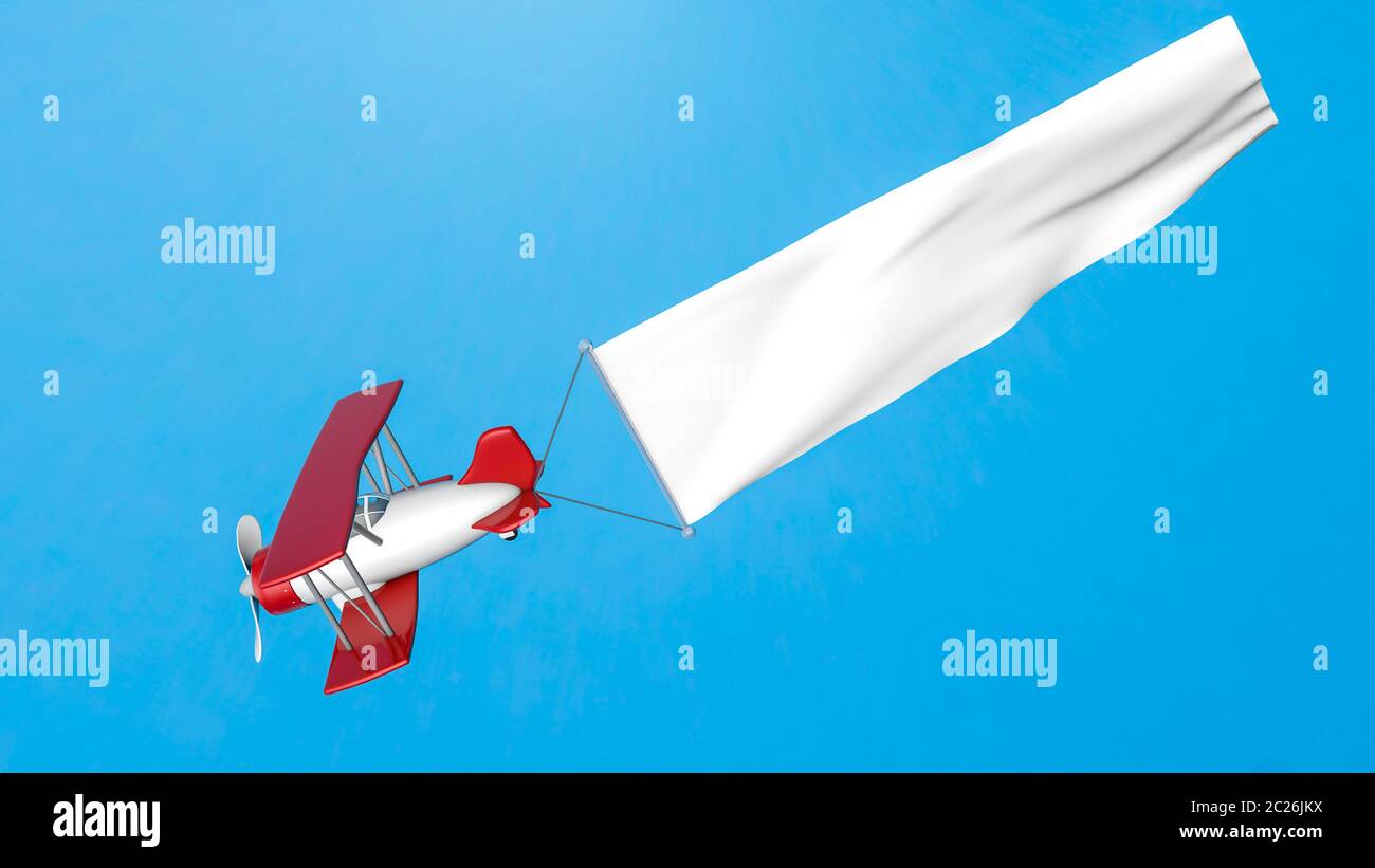 biplane in a blue sky with a white blank banner. 3D rendering Stock ...