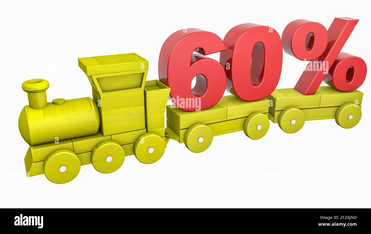 three-dimensional numbers 60% on a wooden toy train. concept of ...