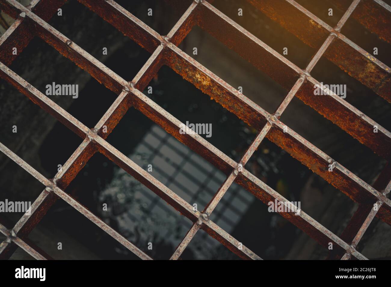 Top view of old and rusty metal covered on street drain hose. Rust ...