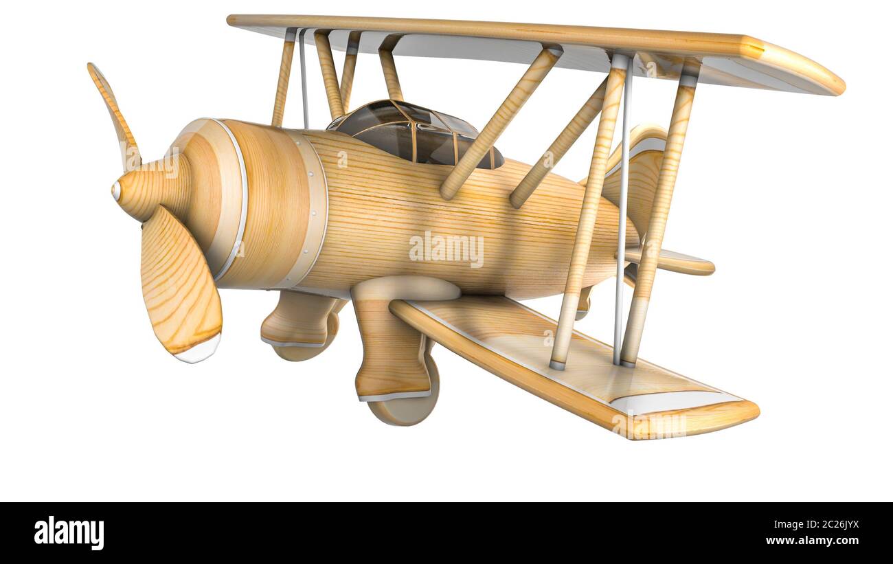 wooden airplane on a white background. biplane model. 3D rendering ...