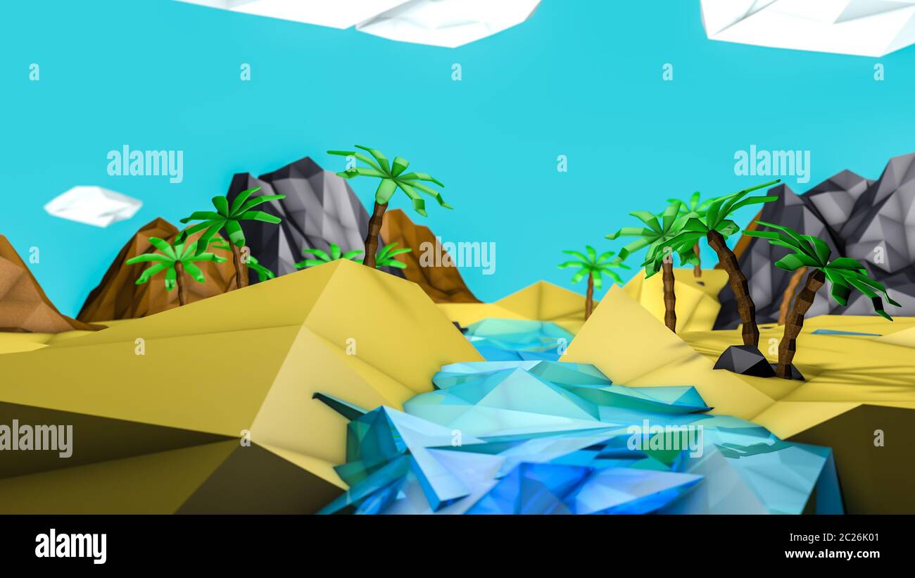 low poly desert landscape with palm trees. 3d render Stock Photo - Alamy