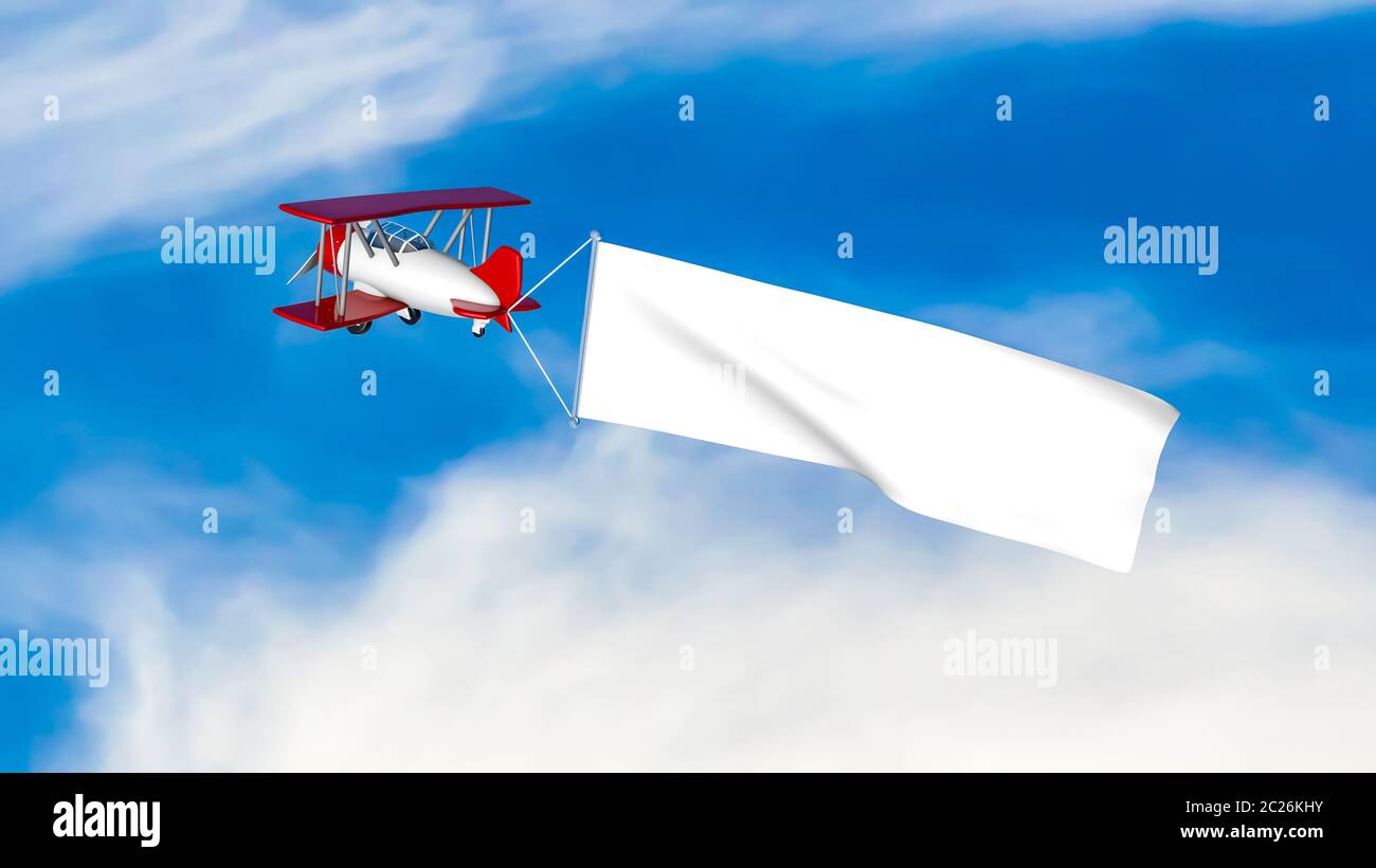 biplane in a blue sky with a white blank banner. 3D rendering Stock ...