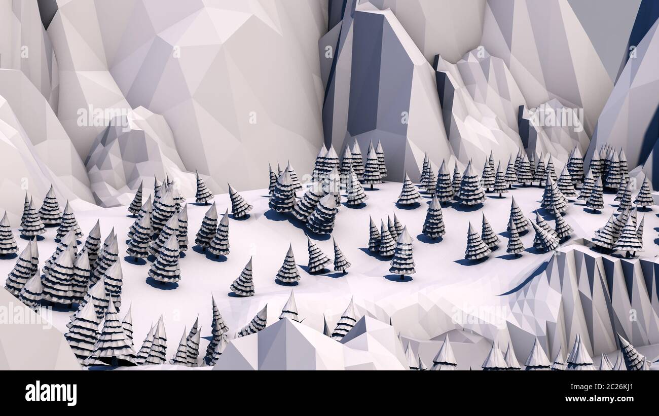 Low poly forest landscape. Illustration. Spruce forest and mountains ...
