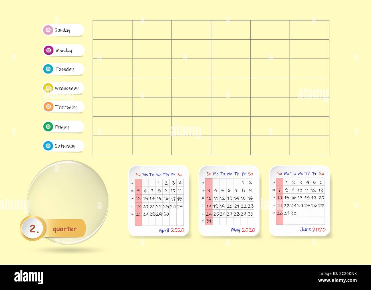 Calendar for second quarter of 2020 year with weekly planner chart and ...