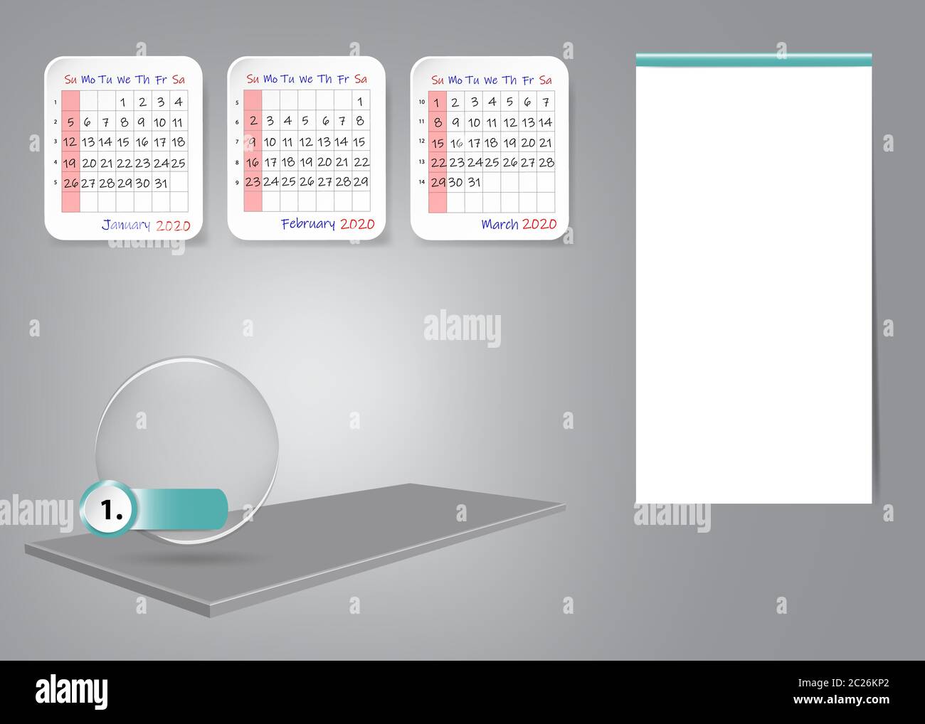 Calendar for first quarter of 2020 year on 3d table with blank label ...
