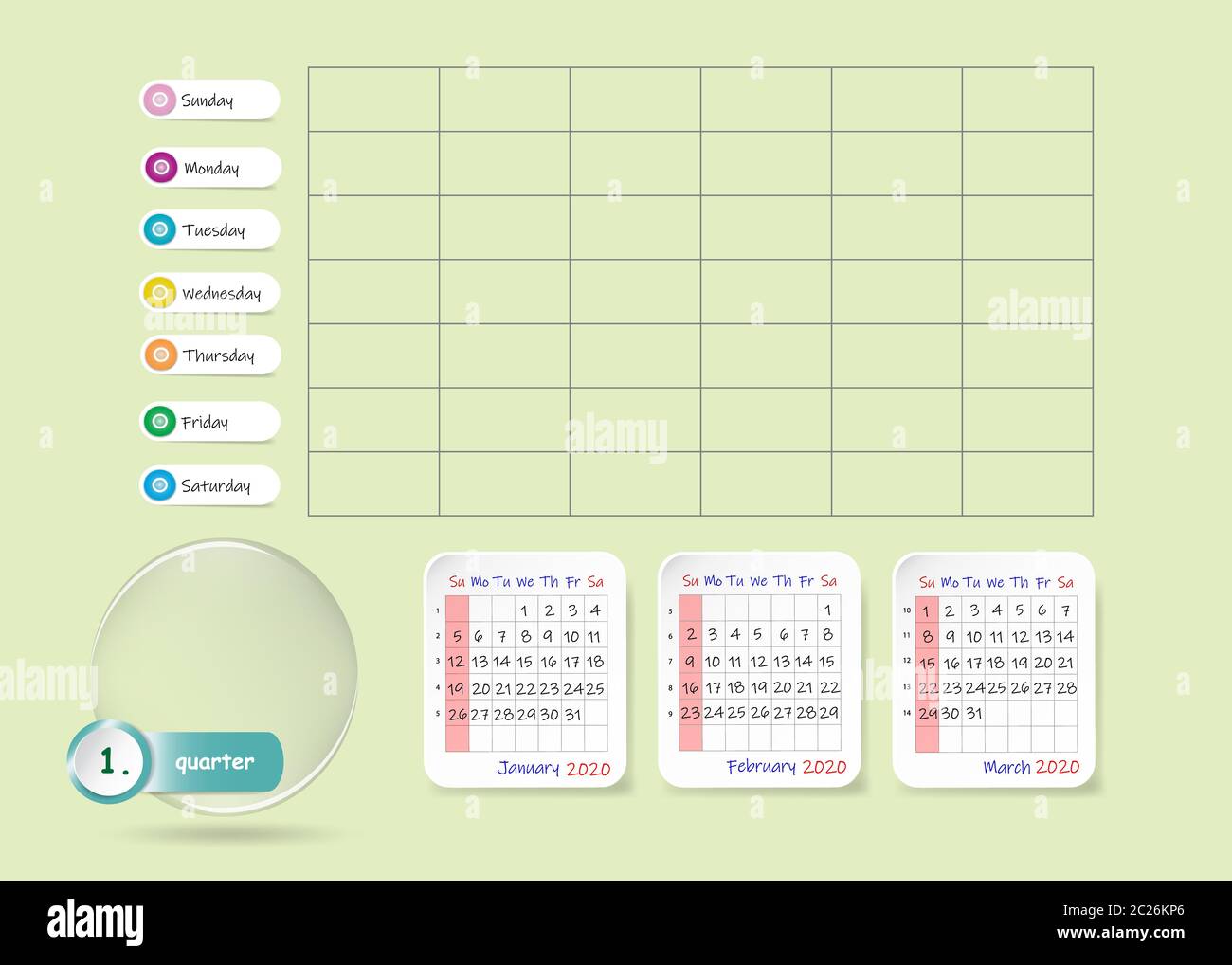 Calendar for first quarter of 2020 year with weekly planner chart and ...