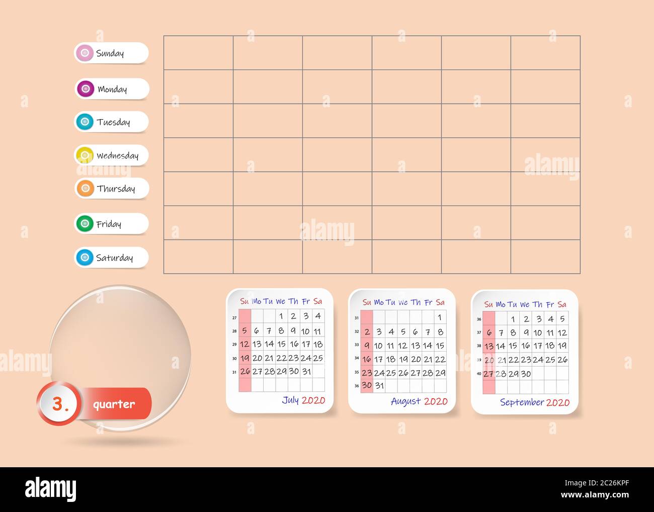 Calendar for third quarter of 2020 year with weekly planner chart and ...
