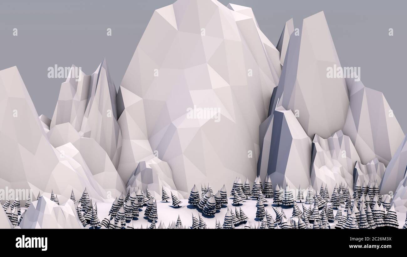 Low poly forest landscape. Illustration. Spruce forest and mountains ...