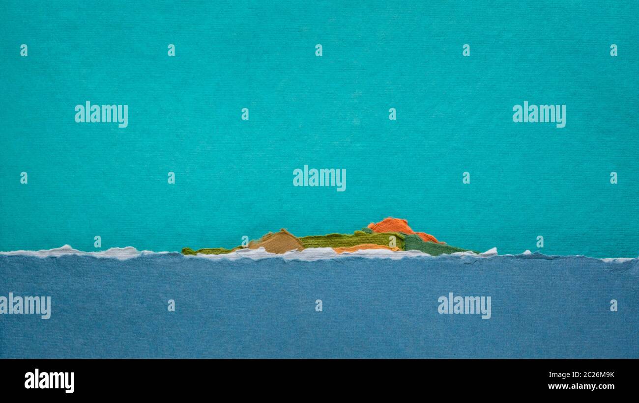 tropical island and ocean - abstract landscape created with handmade ...