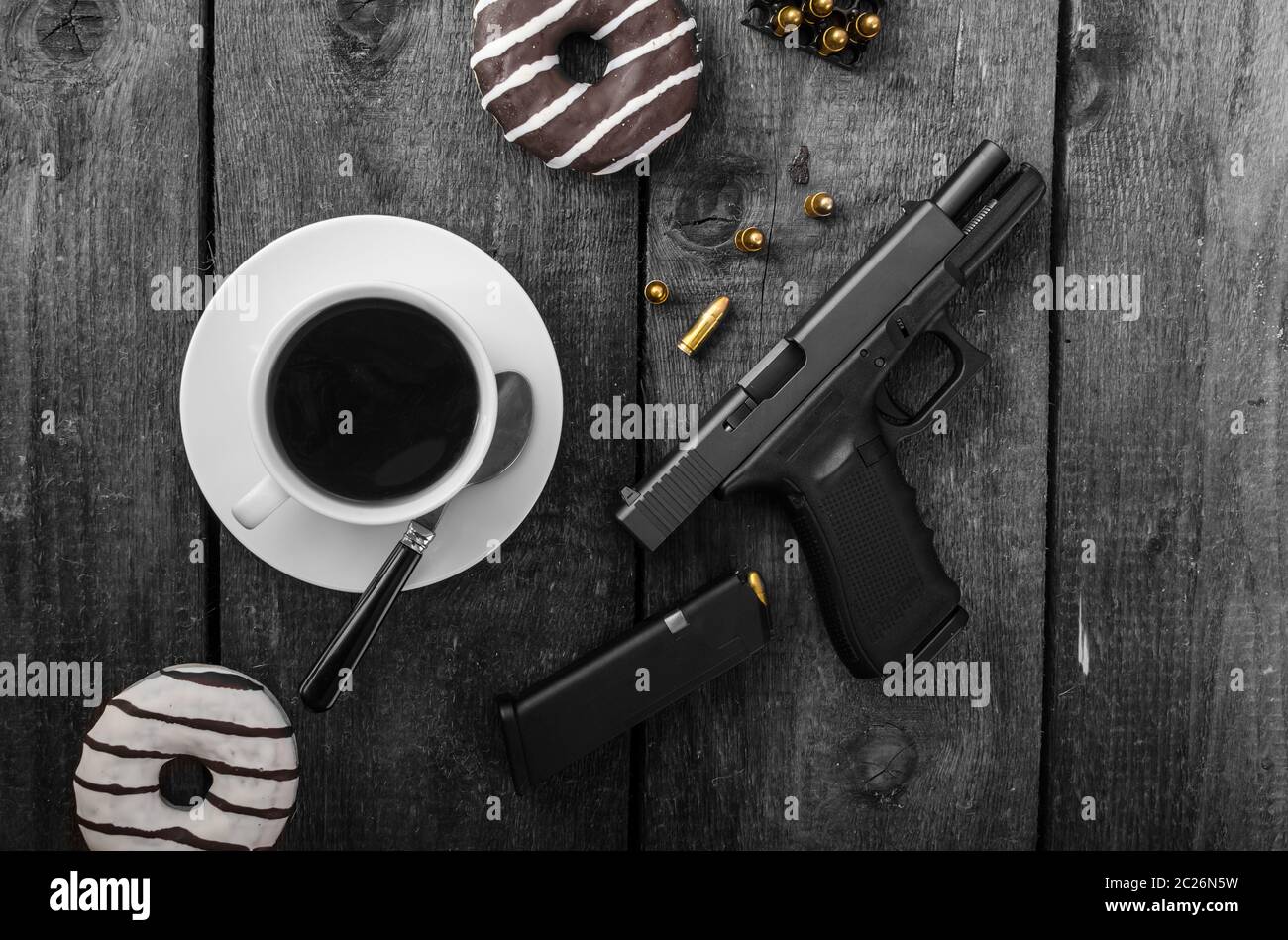 American police officer morning, donuts, juice, fresh black coffee and ...