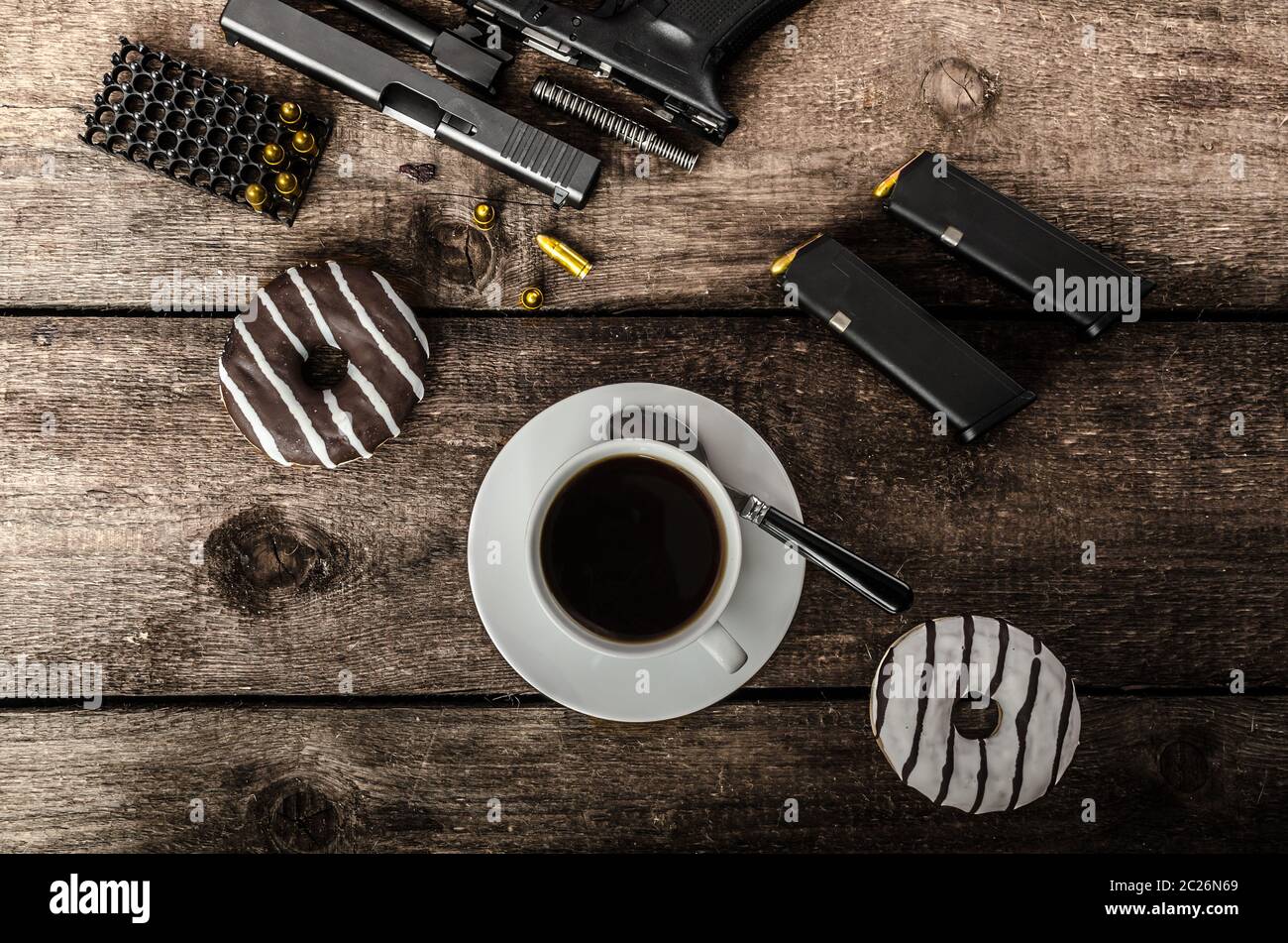 American police officer morning, donuts, juice, fresh black coffee and ...