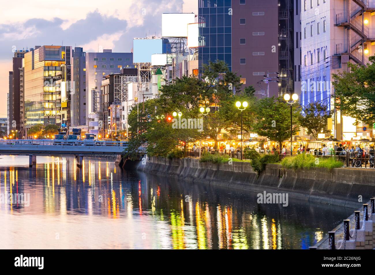 Fukuoka old town along naka river at Nakasukawabata sunset twilight ...