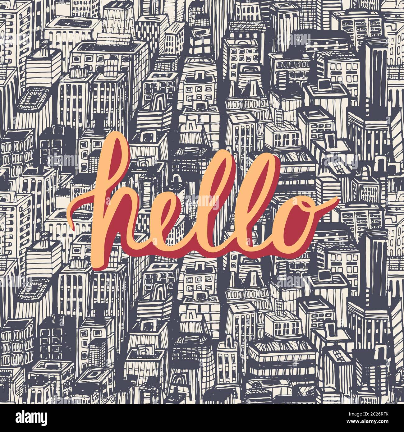 Hello quote hand lettering with big city seamless pattern. Vector ...