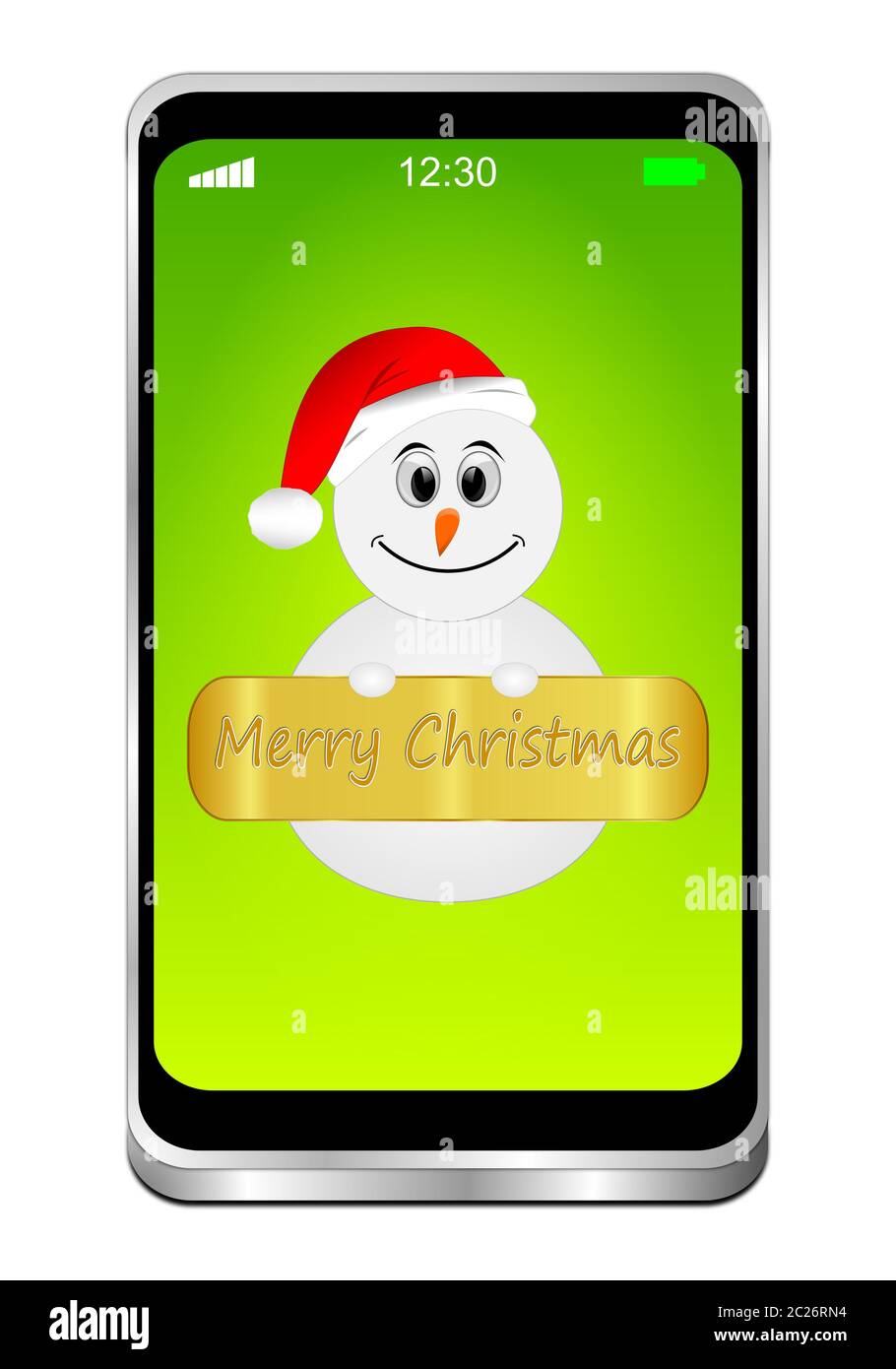 Smartphone with Snowman wishing Merry Christmas on green desktop - 3D ...