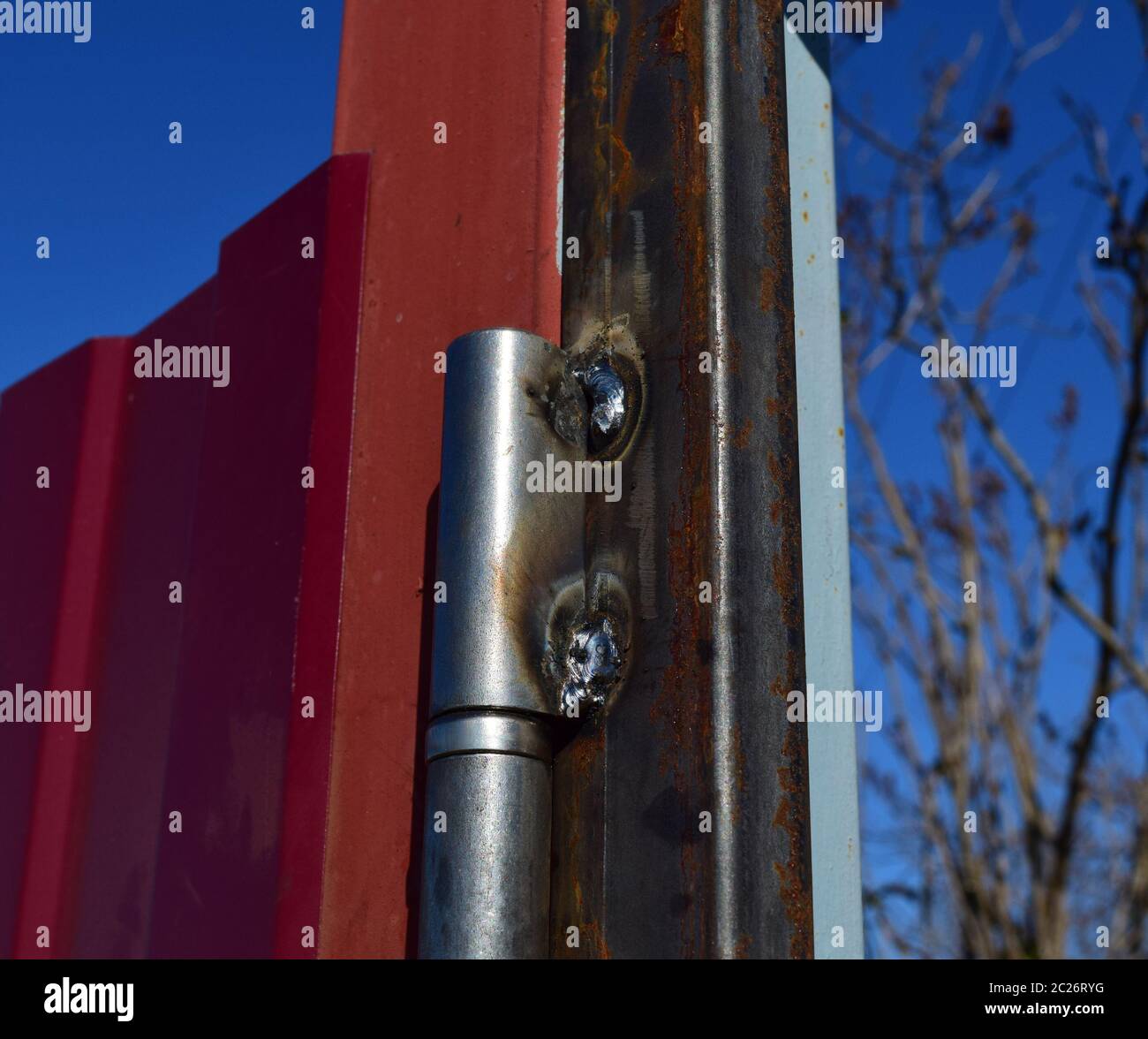 The welded canopies for gate. Installation of gate in a fence Stock ...