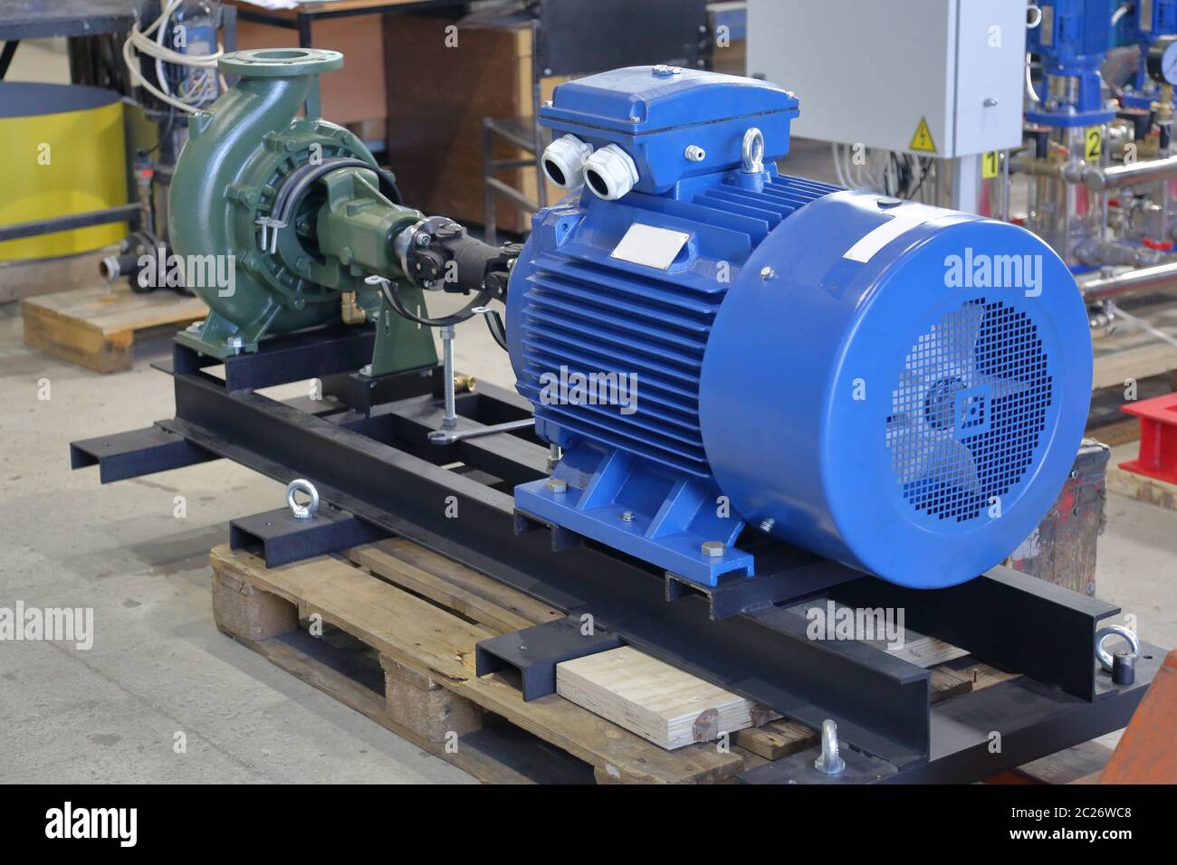 Metal parts of industrial pumping equipment in the assembly plant shop ...