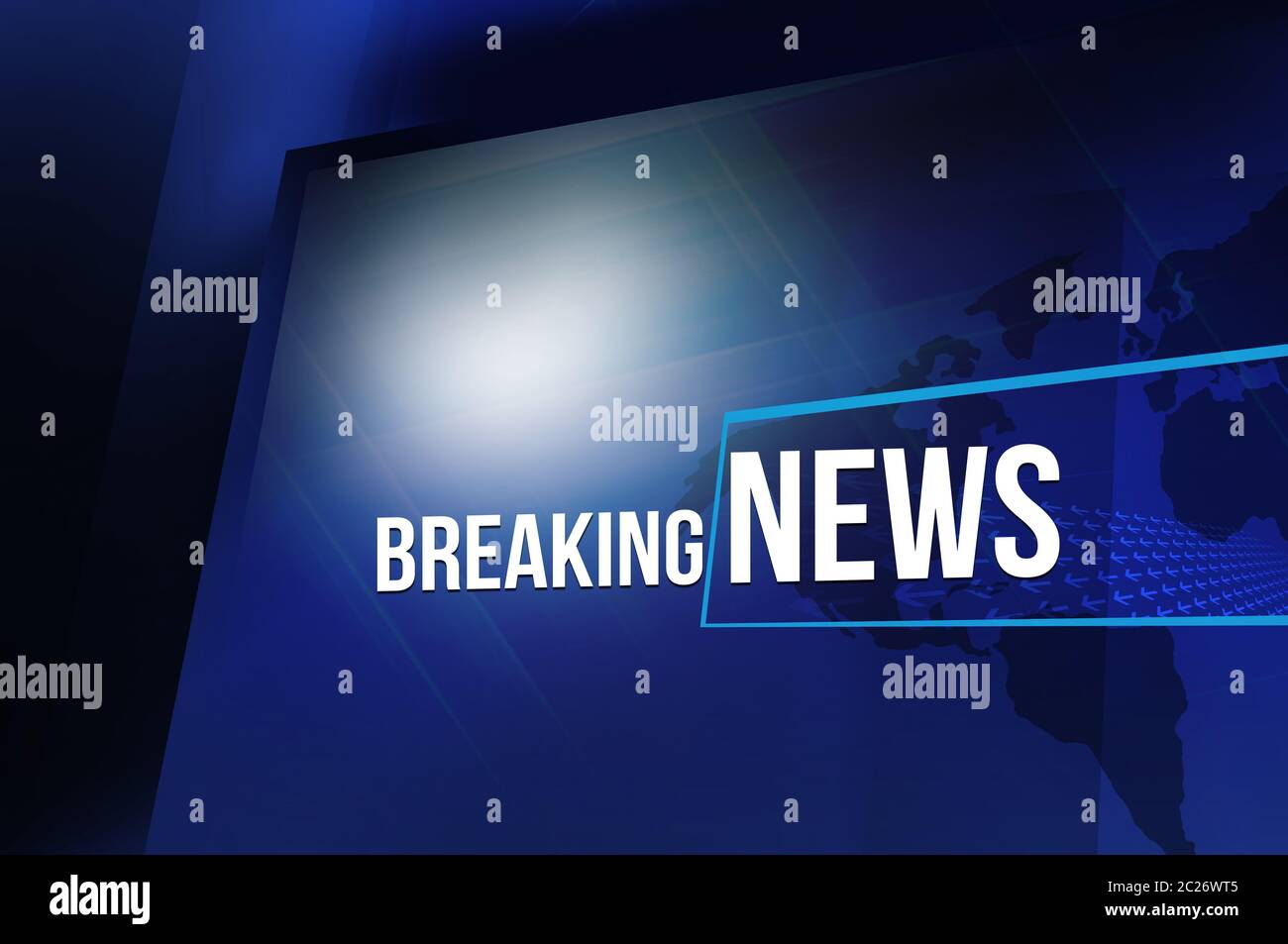 Studio big flat tv screen with breaking news text and global world map ...