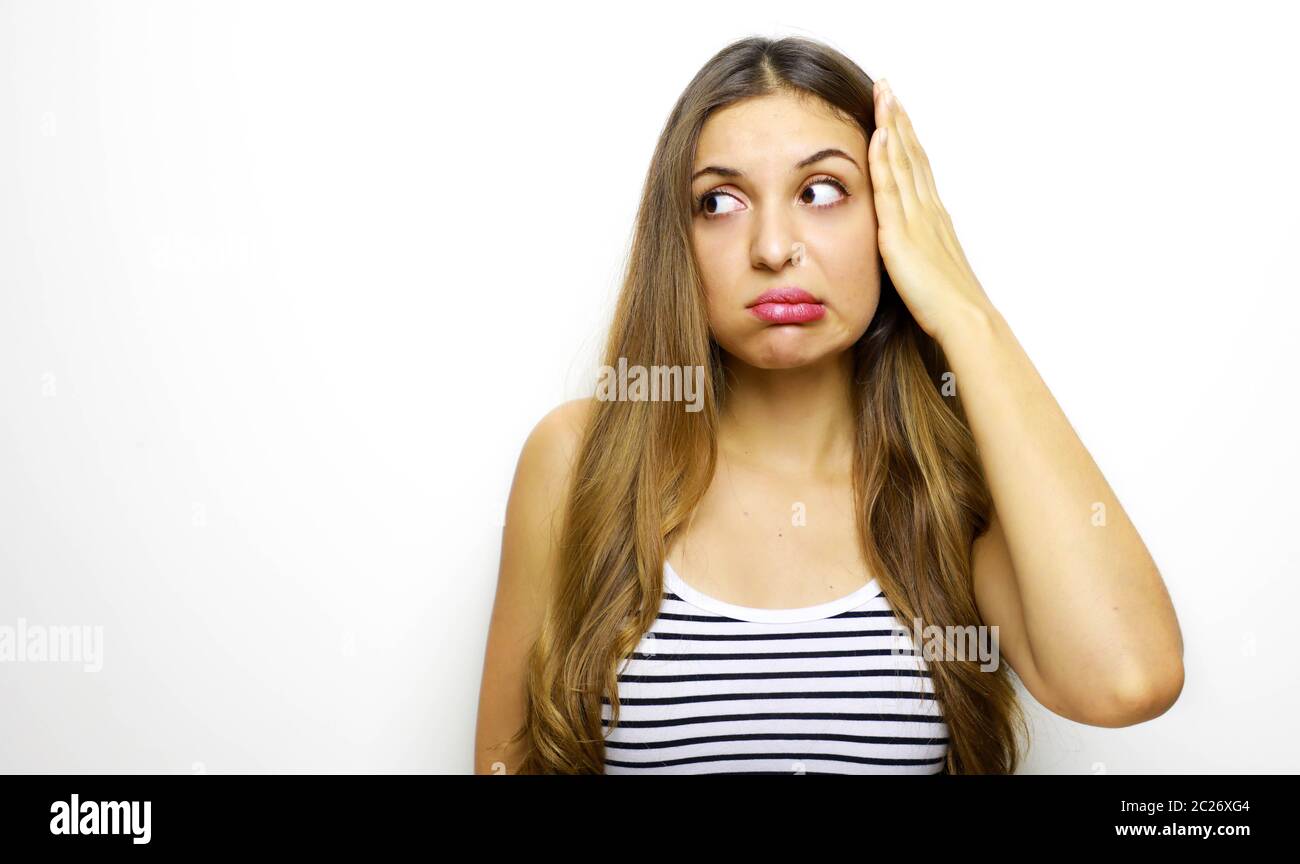 Woman looking side worried look like she forgot something Stock Photo ...