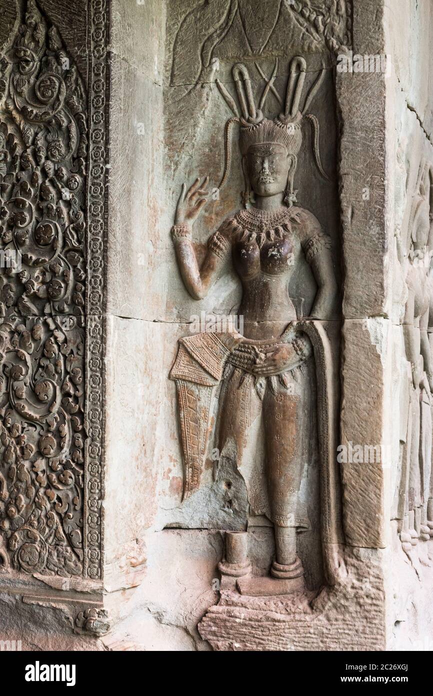Angkor wat, Bas-relief of south wing at east gallery, Apsaras as ...
