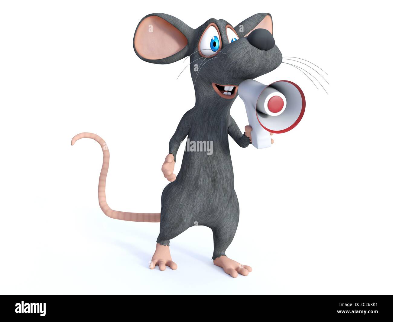 3D rendering of a cute smiling cartoon mouse holding and speaking into ...